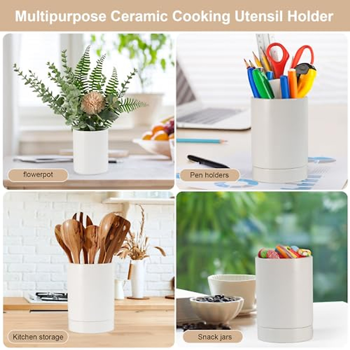 ALYSTER kitchen Utensil Holder for Countertop with Drain Tray, White Utensil Holder Utensil Crock Ceramic Cooking Utensil Holder for Kitchen/Counter Farmhouse/Décor (1)