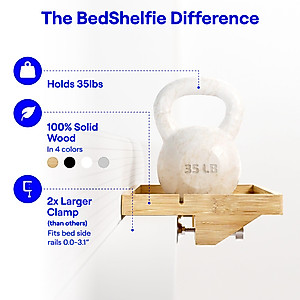 BedShelfie Bedside Shelf for Bunk Bed & Top Bunk, College Dorm Room & Loft Nightstand, Floating Bed Side Table Tray Storage - Natural Wood Plus