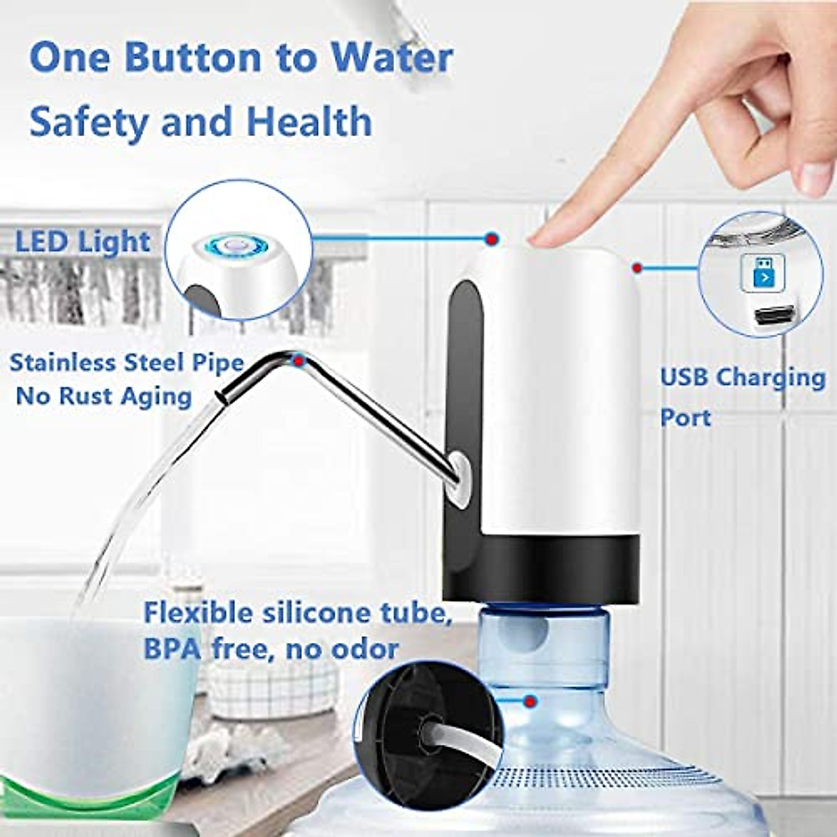 Electric Drinking Water Bottle Pump, USB Charging Automatic Drinking Water Dispenser, 5 Gallon Water Pump Dispenser, Portable Water Jug Pump for Universal 2-5 Gallon Bottle, for Home, Office, Travel