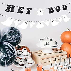Hey Boo Banner Halloween Party Decorations, Glittery Ghost Banner Happy Halloween Party Supplies, Boo Banner for Halloween Houses Doorways Indoor Outdoor Party Decorations(Black)