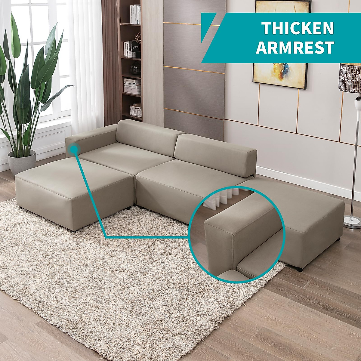 BALUS 113''Sectional Sofa L Shaped Sleeper of Convertible, Modular Sectional Sofa, Convertible Sectional Sofa with Ottoman for Living Room, W113*D64*H26, Beige