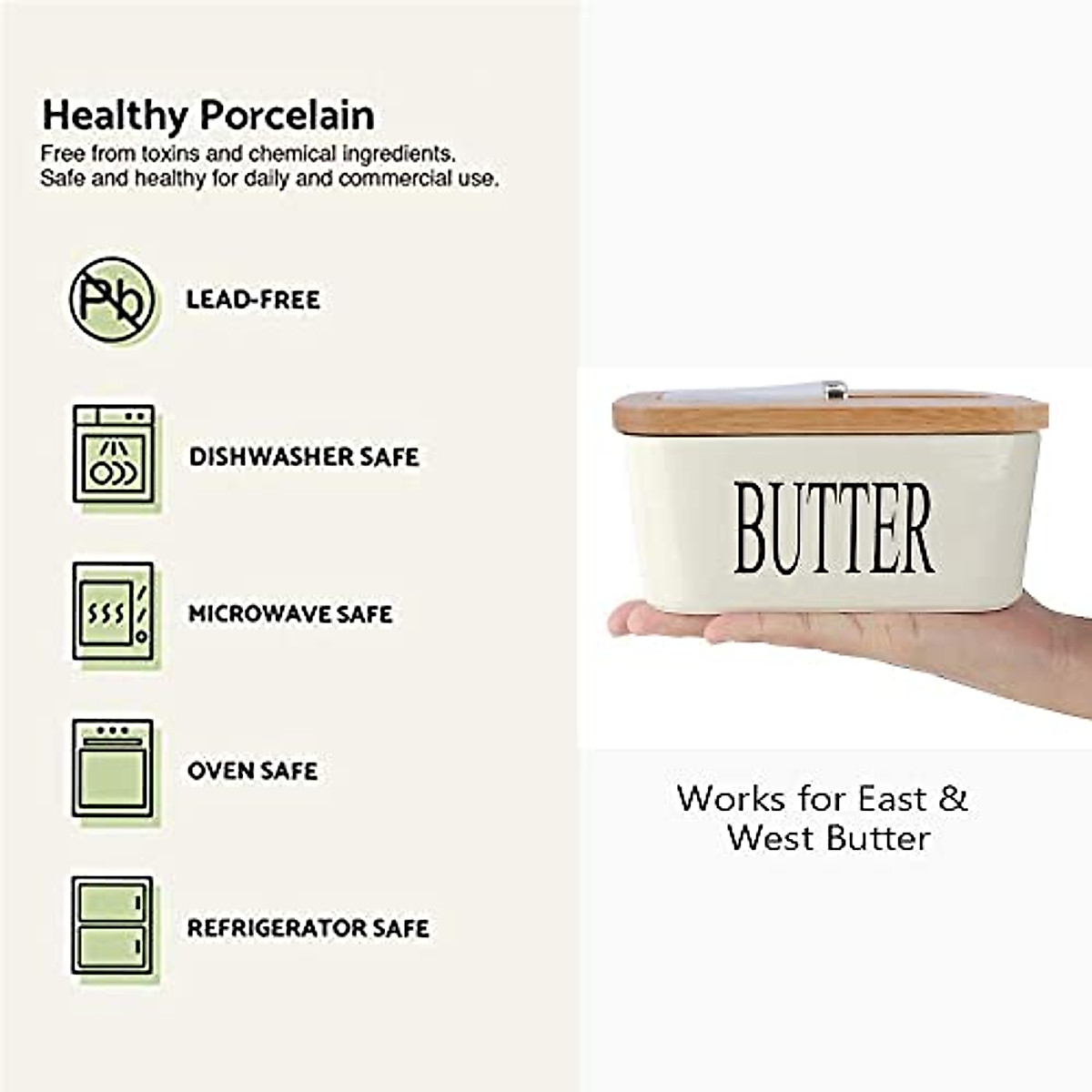 SZUAH Porcelain Butter Dish with Lid and Knife (500ml), Large Butter Keeper Container Butter Dishes with Covers for Countertop High Quality Silicone Sealing, Dishwasher Safe
