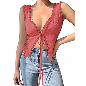 Remidoo Women's Sexy Tie Front Top Lace Trim Tank Open Front Crop Top Going Out Sleeveless Shirt Hot Pink X-Large