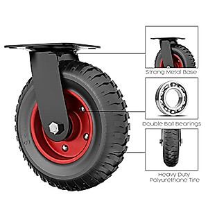 Houseables Swivel Heavy Duty Caster Wheel, Industrial Casters, 8 Inch, 1 Wheel, Red Rim, Rubber, Cast Iron, Large, Tires, Outdoor, Flat Free for Carts, Dolly, Workbench, Trolley, Black