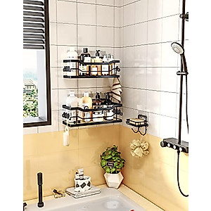 SWTYMIKI Shower Caddy Over Shower Head, 3 Tier Rustproof Hanging Shower Organizer with 16 Hooks & Dual Soap Holder, Large Capacity Shower Rack over the Shower Head for Bathroom Shower Room, Bronze