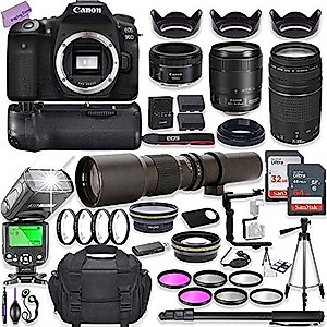 Canon EOS 90D DSLR Camera w/ 18-135mm Lens Bundle + Canon 75-300mm III Lens, Canon 50mm f/1.8 & 500mm Preset Lens + Case + 96GB Memory + Battery Grip + Speedlight Flash + Professional Bundle
