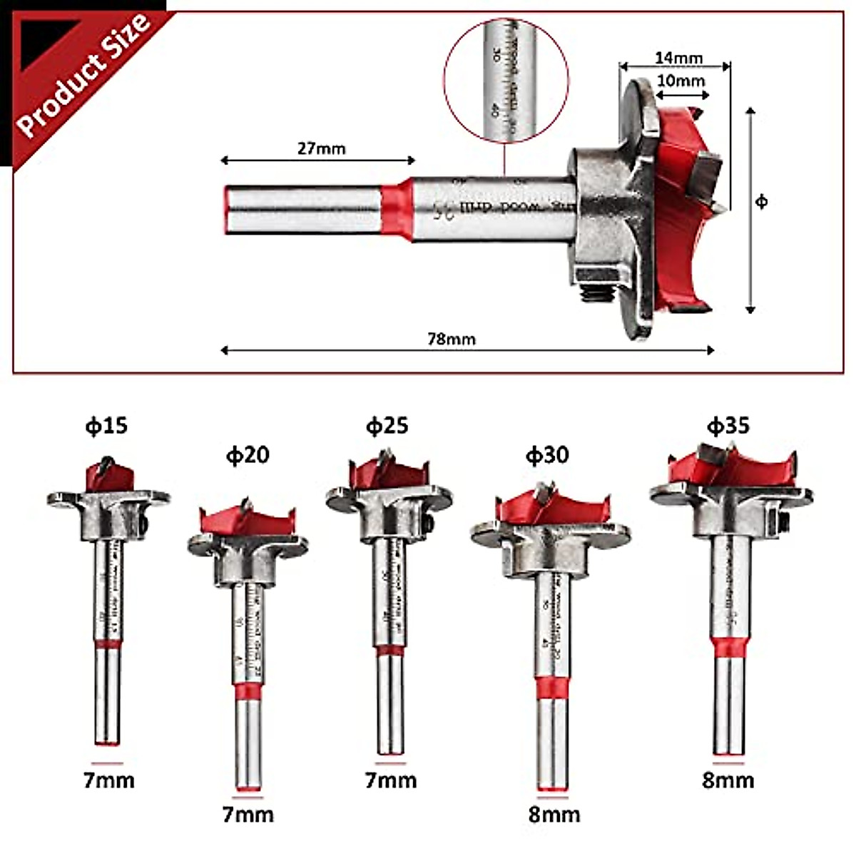 HPHOPE Forstner Bit Set 5Pcs Adjustable Positioning Drill, 15/20/25/30/35mm Forstner Bits for Wood Drilling, Cemented Carbide Woodworking Hole Saw with Depth Stoper (Depth Range 10-40mm)