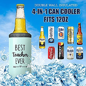 SANDJEST Best Teacher Ever Tumbler - 4-in-1 Design Tumbler Can Cooler Cup - 12oz Stainless Steel Insulated Cans Coozie Travel Mug Birthday, Christmas, Appreciation, Teacher's Day Gifts for Teachers