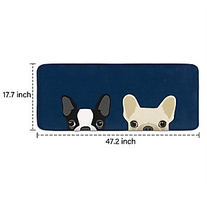 47"*18" Long Kitchen Mat Boston Terrier and French Bulldog Friends Microfiber Rubber Backing Non-Slip Water-Absorbent Anti-Fatigue Classic Foam Kitchen Rugs