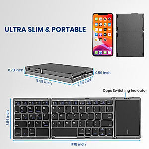 HAMOPY Foldable Keyboard, Leather Tri-Folding Wireless Portable Bluetooth Keyboard with Sensitive Touchpad Mouse (Sync Up to 3 Devices), Mini Rechargeable Travel Keyboard for Windows Mac Android iOS