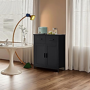 usikey Storage Cabinet, Industrial Floor Cabinet with 2 Drawers & Doors, Freestanding Storage Cabinet with 1 Shlef & Metal Frame, Sideboard, Accent Cupboard for Living Room, Bedroom, Kitchen, Black