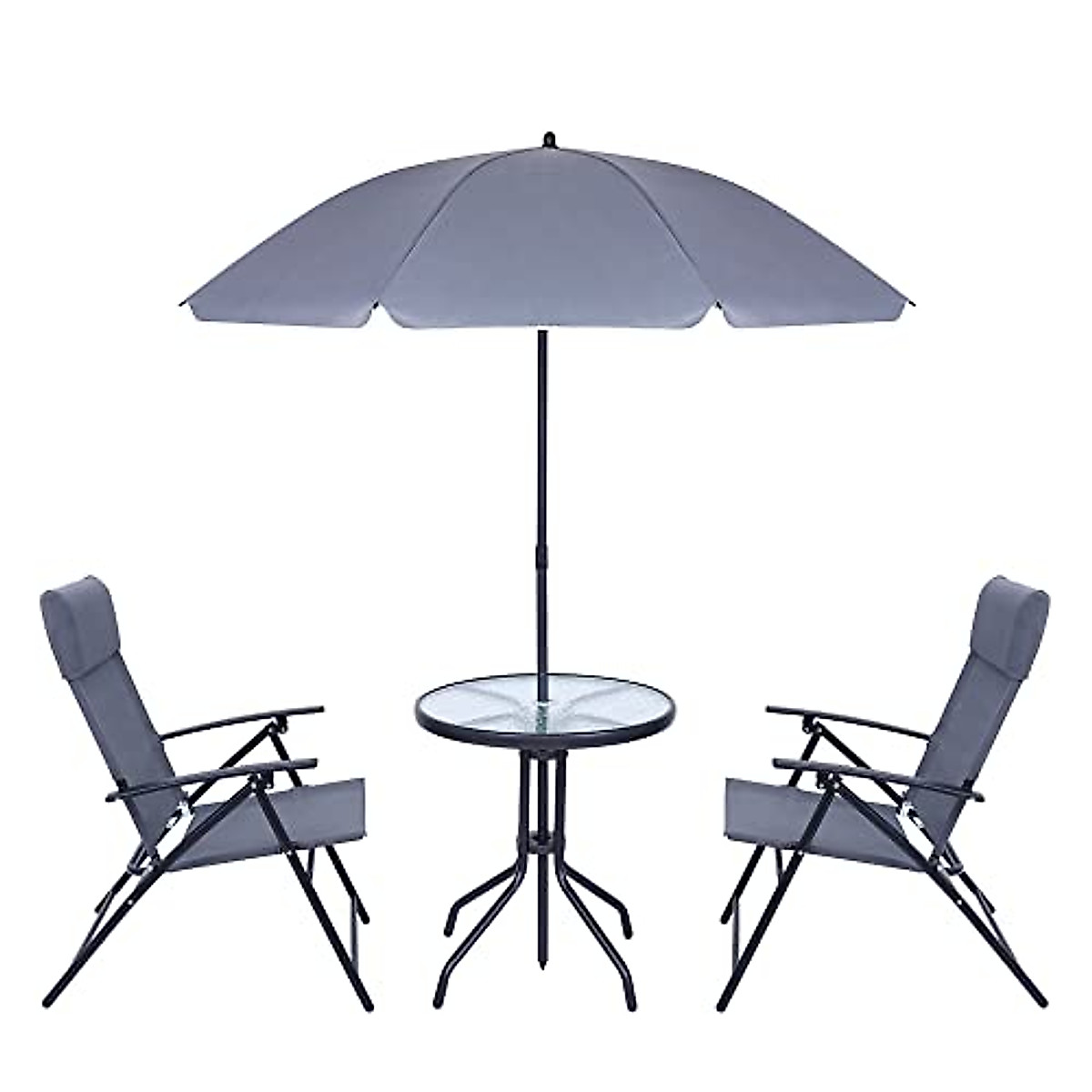 JOYTIO 4 Piece Patio Dining Set, Outdoor Garden Furniture Bistro Set with Tilted Removable Umbrella, 2 Folding Chairs, and Round Glass Table (Grey)
