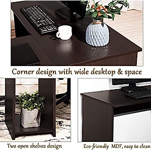 FurnitureR Computer Desk with Bookshelf Industrial Style Study Table Computer Gaming Desk with Storage, Wooden L-Shaped Corner Desk Save Space for Home Office, Brown