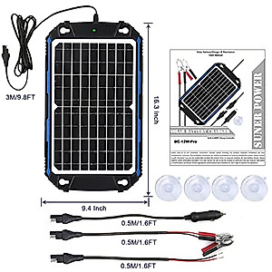 Waterproof 12V Solar Battery Charger & Maintainer Pro - Built-in Intelligent MPPT Charge Controller - 12W Solar Panel Trickle Charging Kit for Car, Marine, Motorcycle, RV, etc