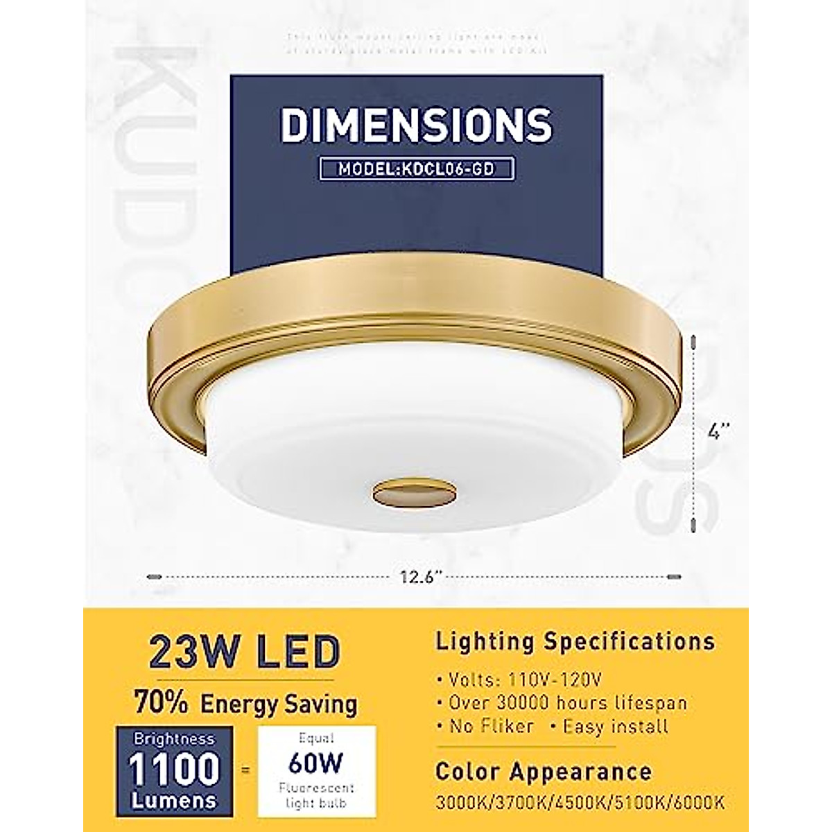 kudos LED Light Fixtures, 12 Inch Gold Flush Mount Ceiling Light Fixture and Brushed Gold Vanity Lights for Mirror, KDCL06-GD, KDVL04-GD-3