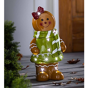 Plow & Hearth Indoor/Outdoor LED Light-Up Christmas Gingerbread Girl Shorty Statue, LED Lights with Auto-Timer, Sweet Details, Holiday Accent, Battery-Operated, 9" L x 7¾"W x 18" H