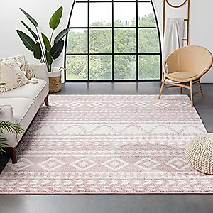 Well Woven Tribal Diamond Stripes Blush Pink Soft Shag Area Rug 5x7 (5'3"x7'3")