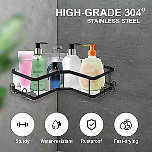 Corner Shower Caddy Organizer Set, Pack of 3 Adhesive Rustproof Stainless Steel Shower Racks with 2 Wall Hooks, Bathroom & Kitchen, Black