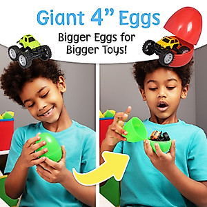 PREXTEX Jumbo Easter Eggs Filled with DIY Plastic Kids Monster Truck Toys | Easter Monster Truck Party Favor and Supplies | Filled Easter Eggs for Boys and Girls - Monster Truck Easter Eggs