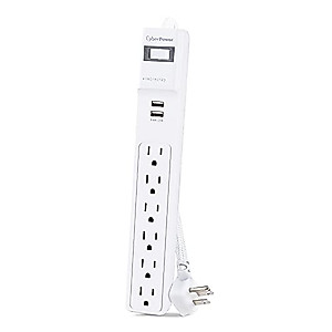 CyberPower P606URC2 Surge Protector, 500J/125V, 15A, 6 Outlets, 2 USB Charging Ports, 6 Foot Cord, White
