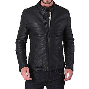 Men's New Black Genuine Cow-Hide Leather Stylish Motorcycle Jacket C214 XL Black
