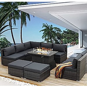 NICESOUL® Large Size PE Rattan 10 Seats Patio Furniture Sectional Sofa Sets with Fire Pit Table Gray Outdoor Wicker Conversation Sets Modern Luxury