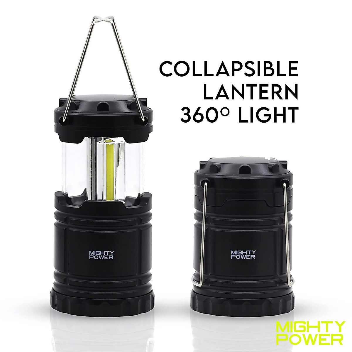 Ultra Bright Portable Collapsible Camping LED Lantern Light by Mighty Power, for Hiking, Blackouts, Picnic Party and Emergency up to 12 Hours with 3AA Batteries Included, Lightweight Design, Black
