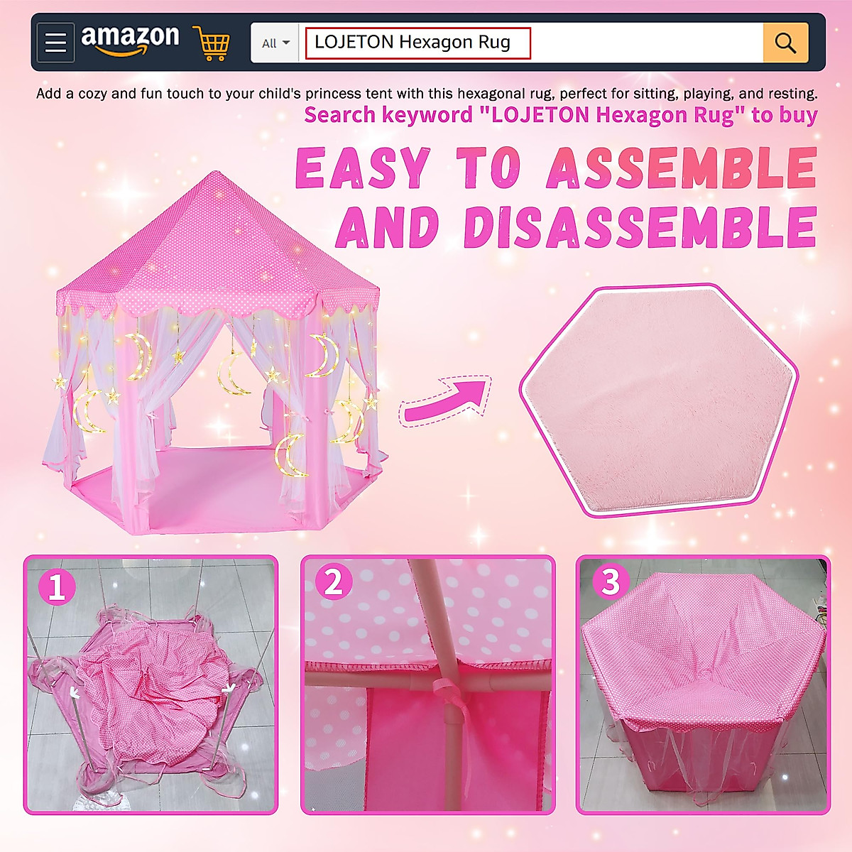 LOJETON Princess Castle Play Tent with Big Moon Star String Lights for Girls, Large Hexagon Playhouse, Kids Dream Tent Toy for Children Indoor Outdoor Games, 55" x 53" (Pink)