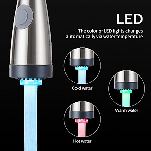 Qomolangma LED Kitchen Faucet with Pull Down Sprayer, Brushed Nickel Single Handle Kitchen Sink Faucet with Pull Out Sprayer, Stainless Steel