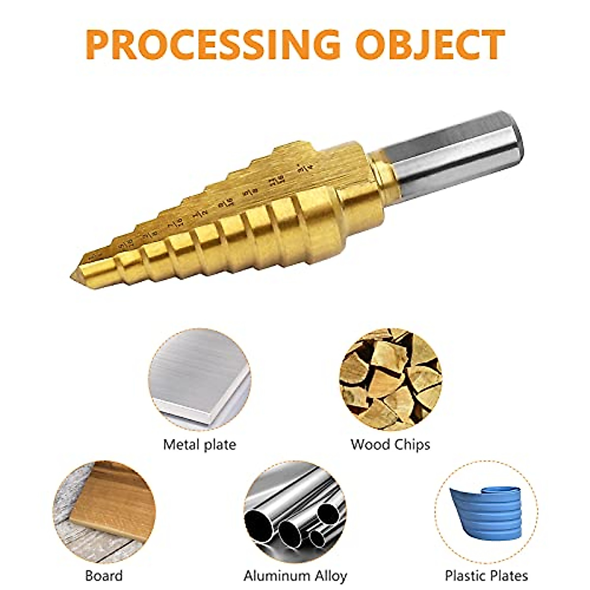 PRECIHW 9 Sizes Titanium Step Drill Bit, 1/4 to 3/4 Inches High Speed Steel Step Drill Bits for Hole Drilling, HSS Multi Size Step Drill Bits for Metal, Aluminium and Wood