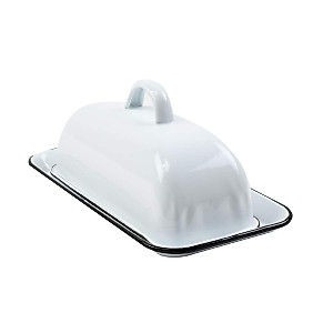 Treasure Gurus White Enamel Covered Butter Keeper Dish Holder Metal Lid Farmhouse Dinnerware Kitchen Decor