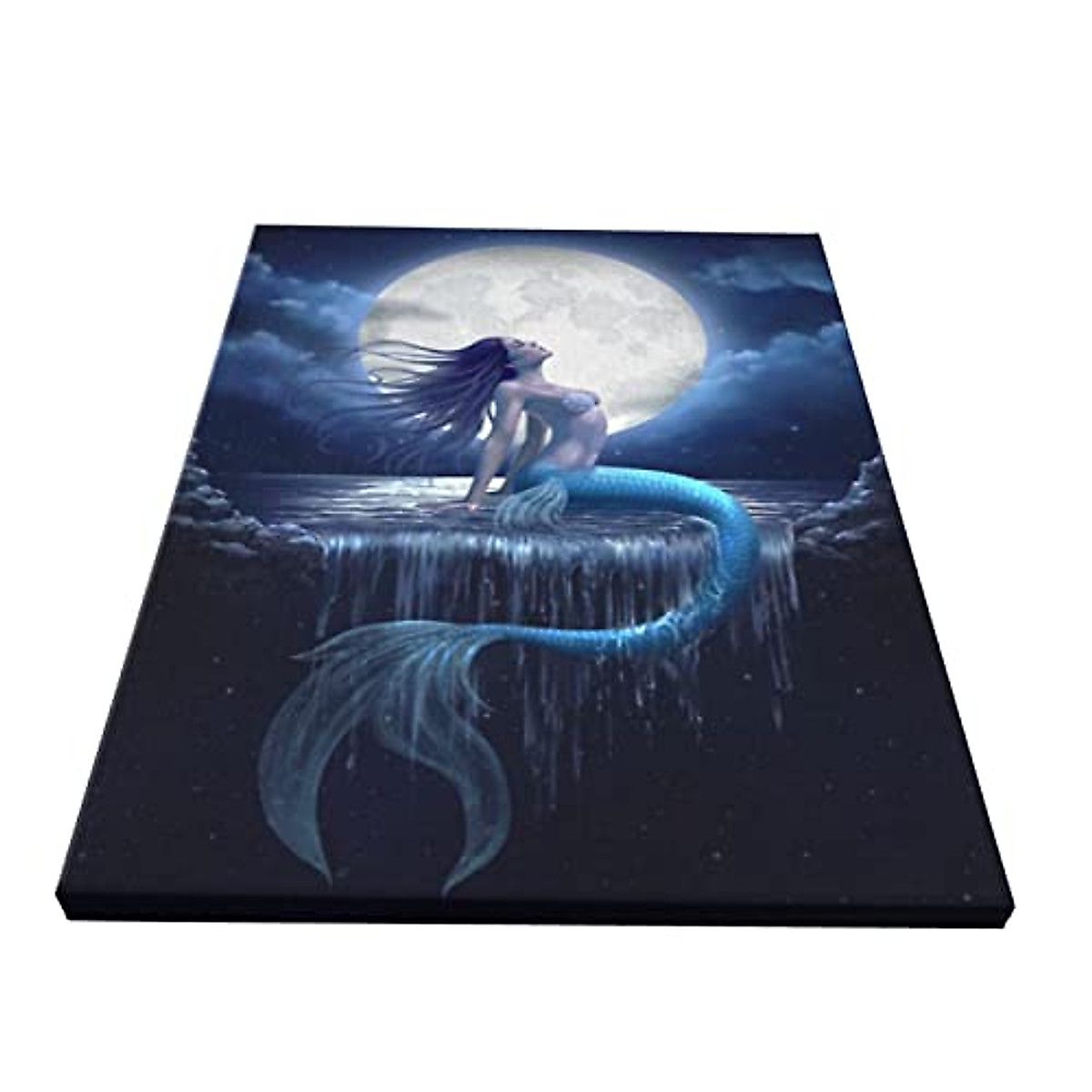 Mermaid Wall Art Moon Canvas Paintings with Framed Beach Picture Sea Artwork Prints Home Decor Hang for Bathroom Living Room Bedroom Kitchen 12x16 Inch