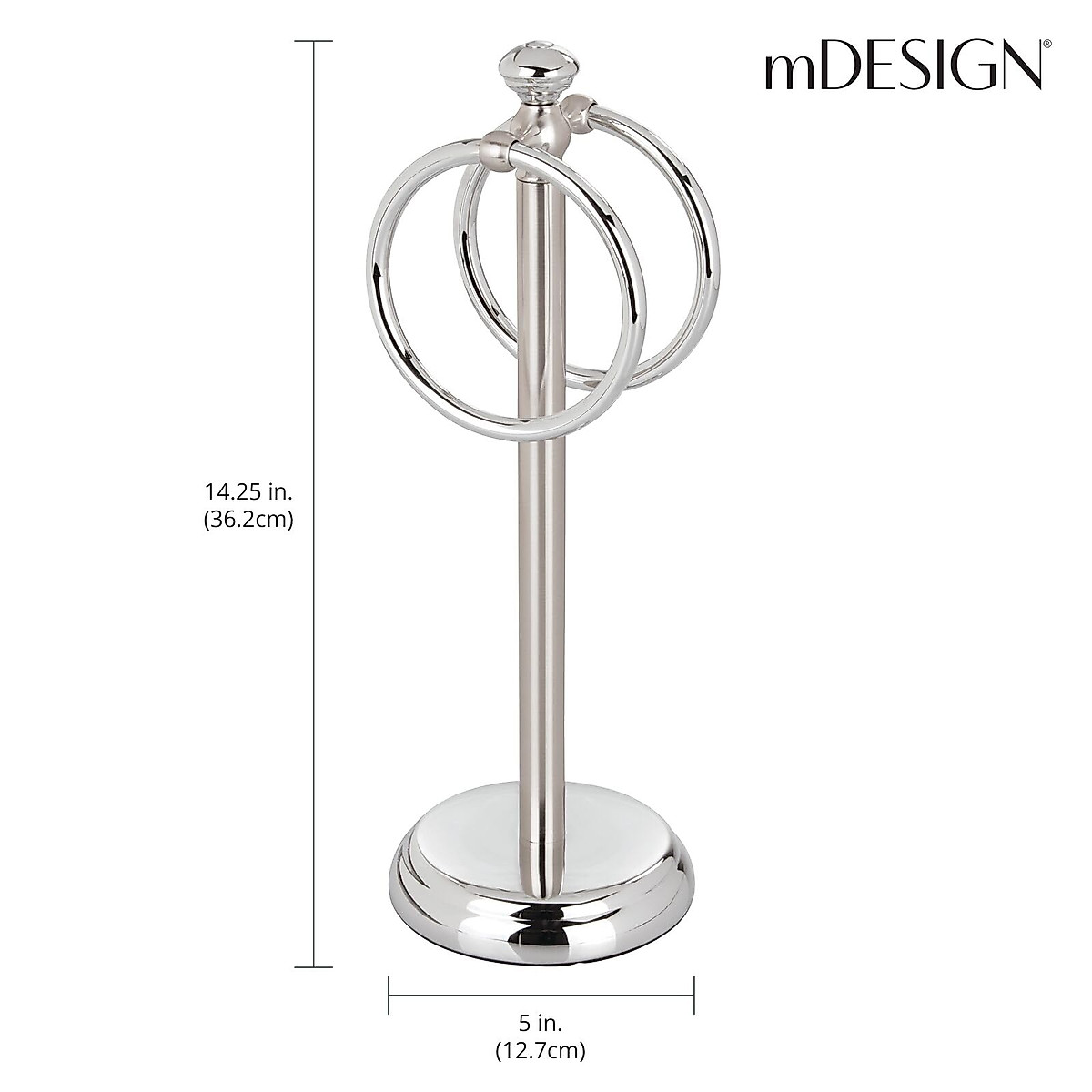 mDesign Steel Towel Rack Holder Stand with 2 Hanging Rings for Bathroom Vanity Countertops - Space Saving Hand Towel Holder - Hyde Collection - Chrome/Brushed
