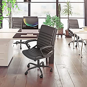 Devoko Office Chair Mid Back Desk Chair PU Leather Executive Office Chair Ribbed Computer Task Chair Swivel Rolling Chair with Padded Arms and PU Wheels, Black