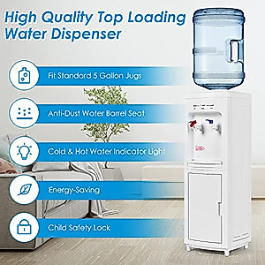 GOFLAME Water Cooler Dispenser Top Loading, Water Dispenser with Hot & Cold Water, Storage Cabinet, Child Safety Lock, Holds 3-5 Gallon Bottles for Home Office Dorm