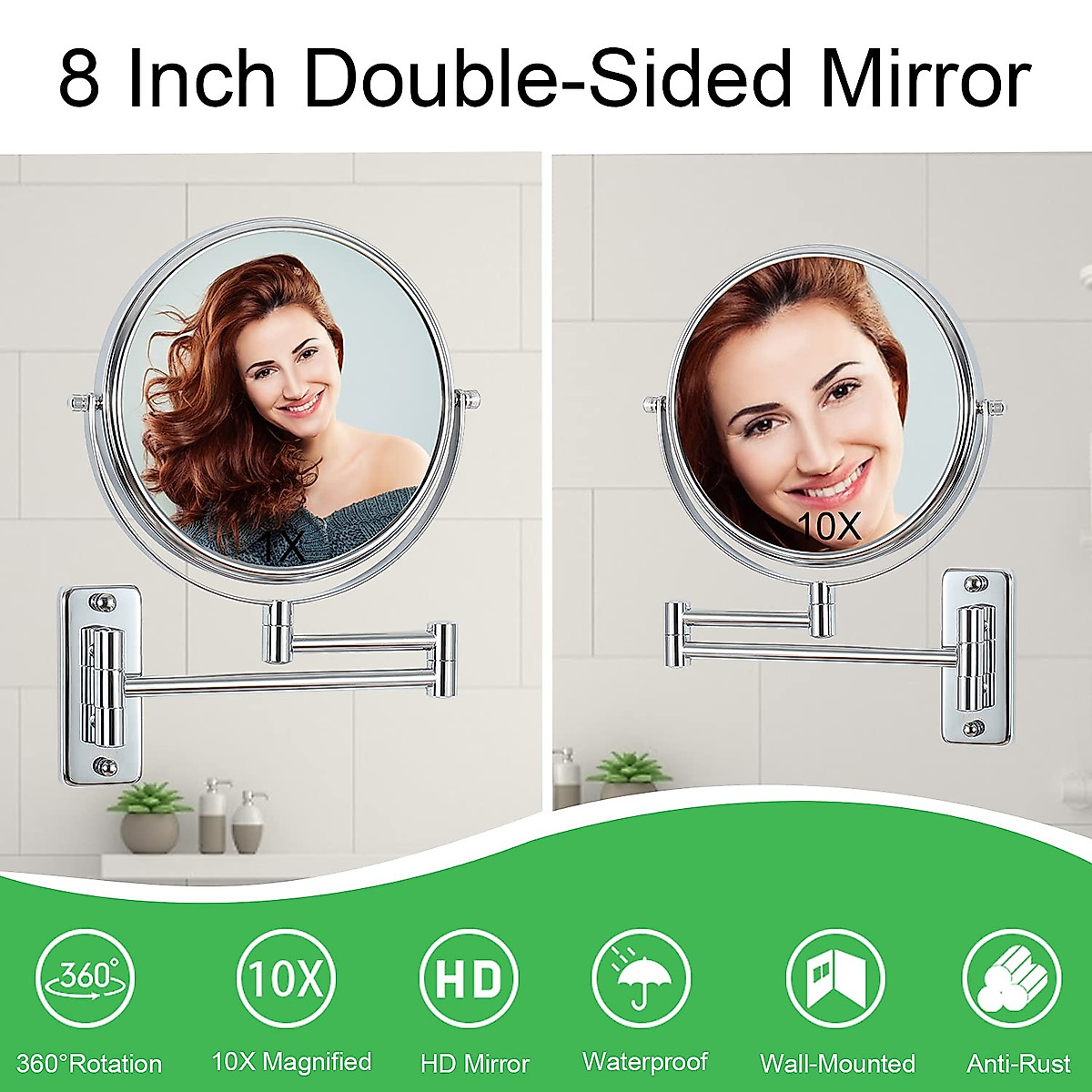 LANSI Wall Mounted Makeup Mirror, 10x/1x Double-Sided Magnifying Mirror, 360° Extendable Arm Bathroom Mirror, 8 inch Vanity Mirror for Makeup or Shaving Chrome Finish