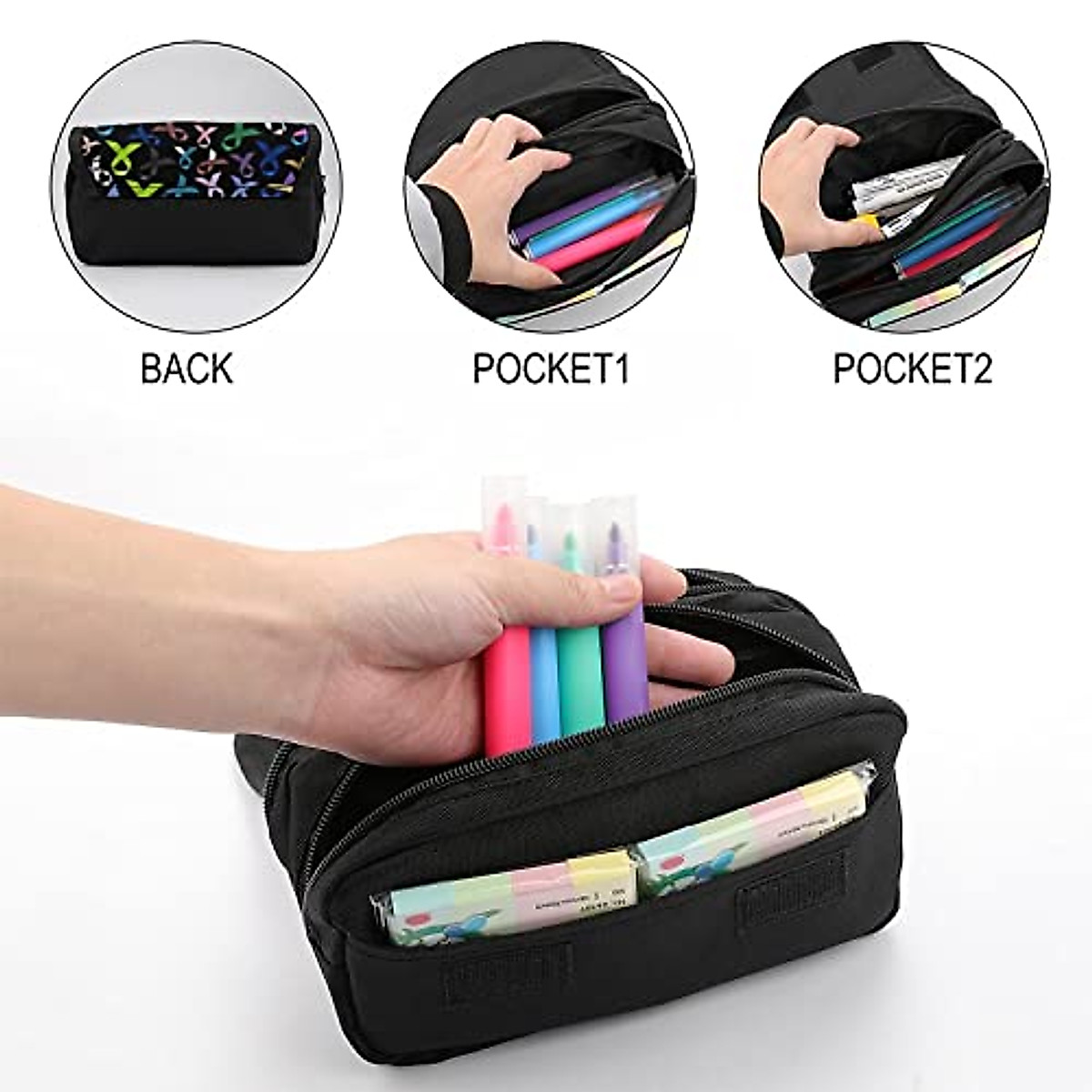 Cancer Awareness Color Ribbons Large Capacity Pencil Case Multi-Slot Pencil Bag Portable Pen Storage Pouch with Zipper