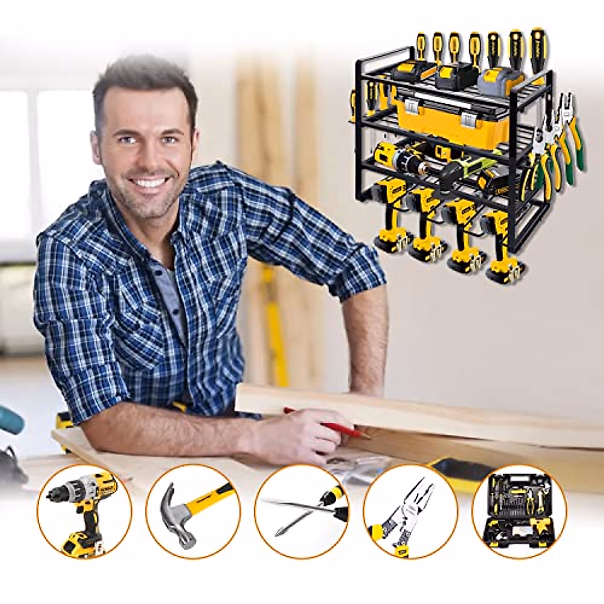 Lindafo Power Tool Organizer,Garage Tool Organizer Wall Mount,Power Tool Storage Rack 4 Layers,Heavy Duty Metal Cordless Drill Storage,Drill Charging Station,Utility Rack for Screwdriver and Pliers