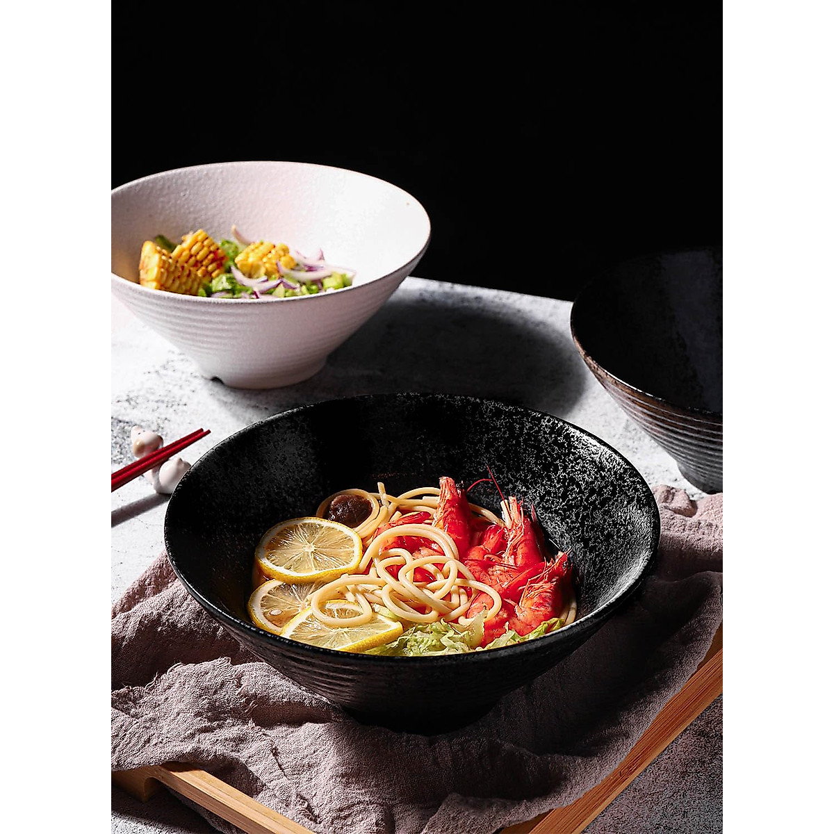 Kanwone Ceramic Japanese Ramen Bowl Set, Noodle Soup Bowls - 60 Ounce, with Matching Spoons and Chopsticks for Udon Soba Pho Asian Noodles, Set of 2, Black