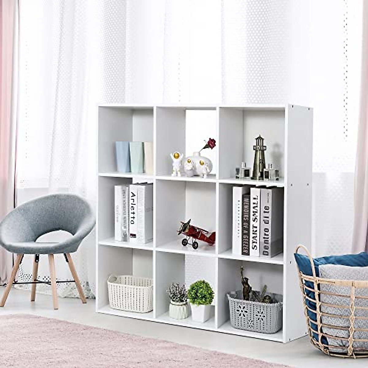 ZenStyle 9 Cube Storage Shelf Organizer, Wooden Bookshelf System Display Cube Shelves Compartments, Customizable W/ 5 Removable Back Panels (White)