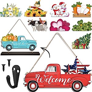 Christmas Interchangeable Garden Truck Stake Set with Seasonal Sign Loads Welcome Sign Festival Welcome Sign with 10 Seasonal Ornament for Holiday Spring Fall Summer Easter Home Decorations