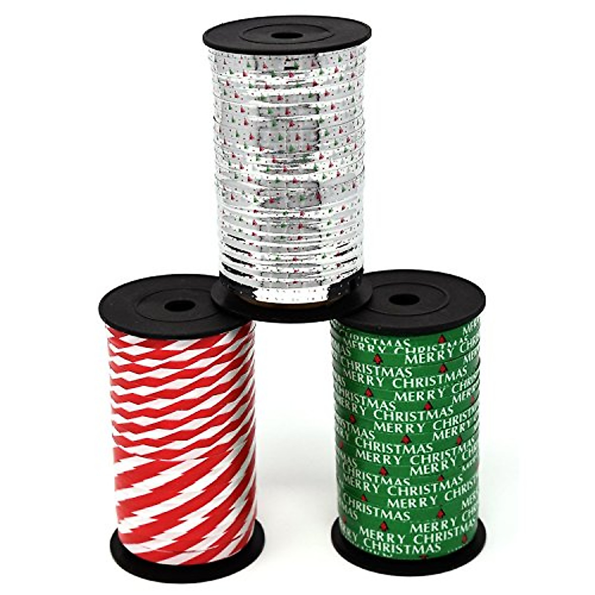 Christmas Curling Ribbon Pack of 3 Rolls Green, Red & White Stripes, and Metallic Silver; Holiday Party Crafts Supplies Decorations- 100 Yards Per Roll - Total of 900 Feet; by Gift Boutique