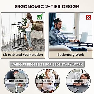 Tangkula Mobile Standing Desk Stand Up Desk, Height Adjustable Computer Desk with Standing & Seating 2 Modes, Tilting Tabletop & Flexible Wheels, Rolling Laptop Cart Sit Stand Desk