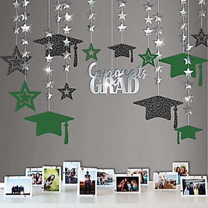 Cheerland Green Graduation Party Decoration Kit Black Cap Decor Shiny Congrats Grad Banner Star Hat Garland Hanging Streamer Banner Backdrop Background for Ceiling Home Classroom