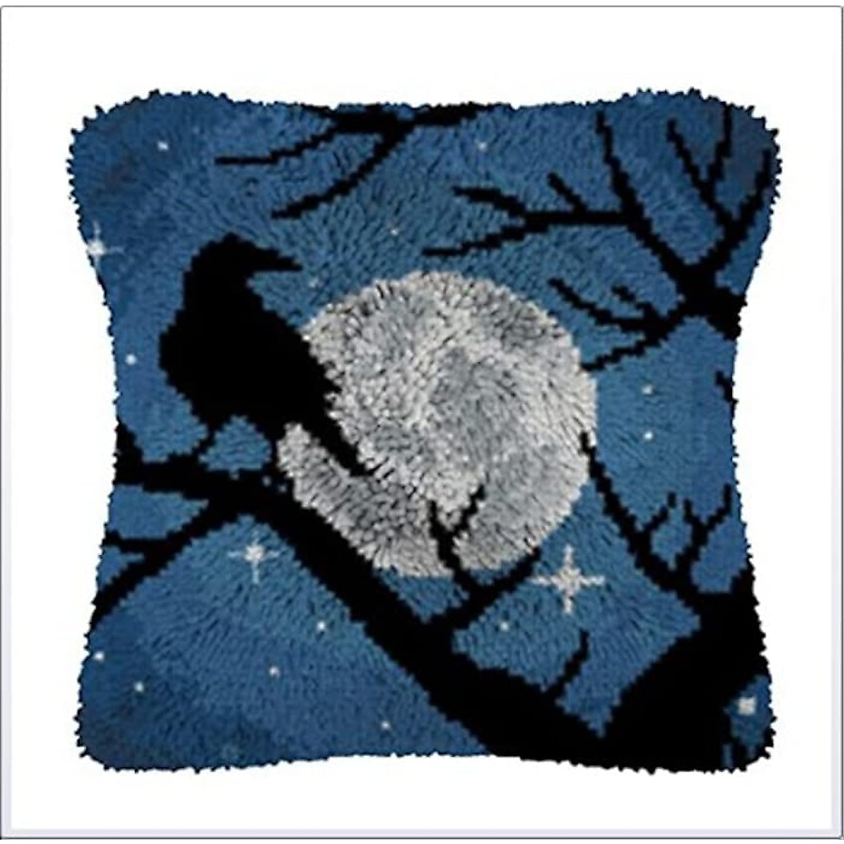 Crow Raven Moon Night Latch Hook Pillowcase Kits for Adults and Starter DIY Cushion Throw Pillow Cross Stitch Latch Hook Rug Kits with Preprinted Canvas Crochet Yarn Kits Needlework Crafts 17'' X 17''