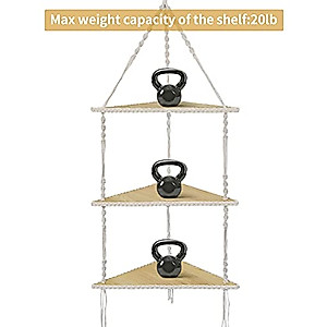 Mazjoaru Macrame Corner Shelves 3 Tier, Boho Handmade Woven White Rope Beige Hanging Floating Shelf Decor Display Storage Organizer for Bedroom Bathroom Office Living Room