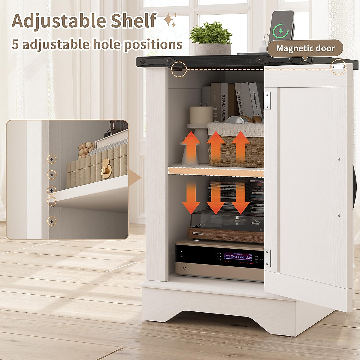 EnHomee Nightstand Set of 2,Nightstand with Charging Station,Farmhouse End Tables with Barn Door & Adjustable Storage Shelf,Nightstand Sets Sofa Side Table for Bedroom,Drawing Room,Antique White