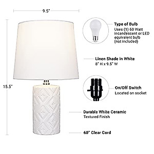 Catalina 23096-000 Farmhouse Quilt-Style Textured Ceramic Table Lamp, 15.5", White