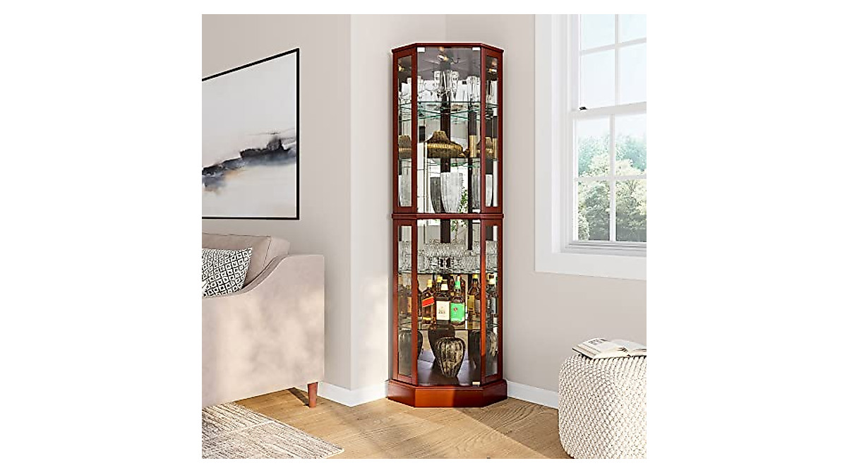BELLEZE Walnut Corner Curio Cabinet with Lighting and Shelves
