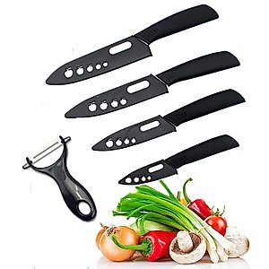 Ceramic Knife Set of 5,Sharp Ceramic Knife with Sheath,Steak Knife,Black Kitchen Knives With Anti-Slip handle,Includes 6"Chef Knife,5"Utility Knife,4"Vegetable Knife,3"Paring Knife,1''Fruit Peeler